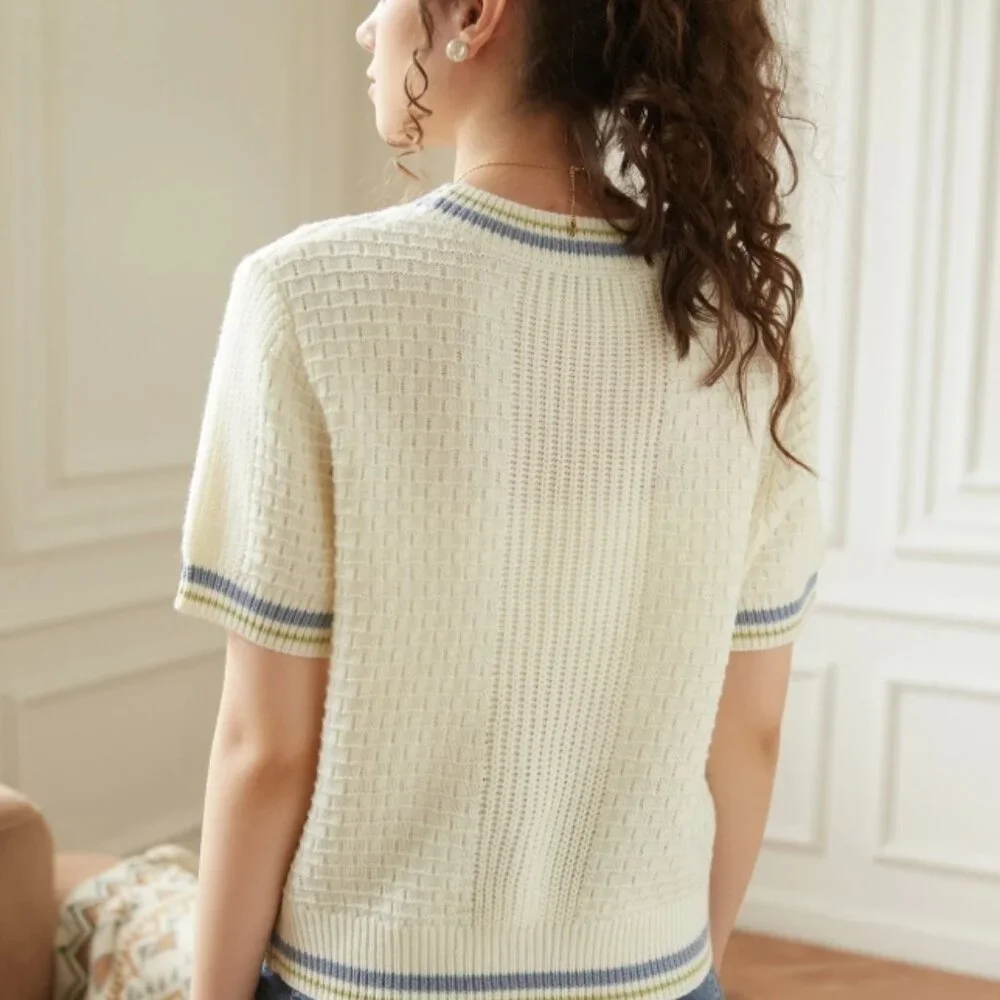 None | Tops | Womens Cream Textured Knit Short Sleeve Sweater Top ...